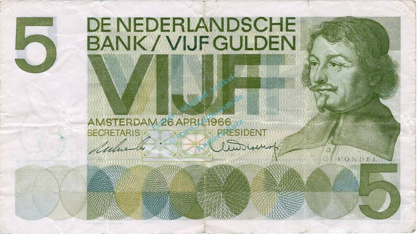 Banknote Niederlande, 5 Gulden Schein 1966 -Joost van den Vondel- gbr ...