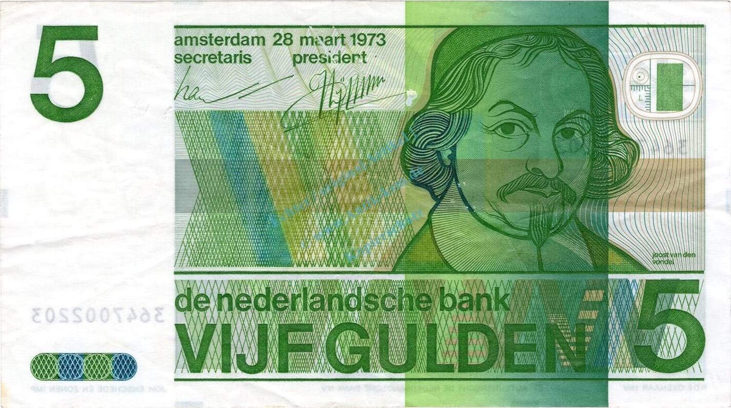 Banknote Niederlande, 5 Gulden Schein 1973 -Joost van den Vondel- gbr ...