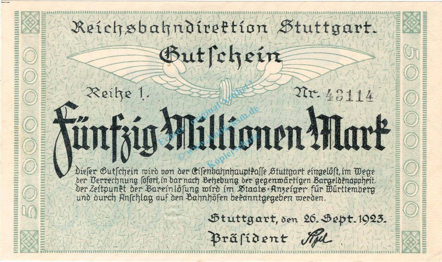 Inflation 1923 DE 50 Mio. Mk. Stuttgart, Banknote 50 Millionen Mark ...