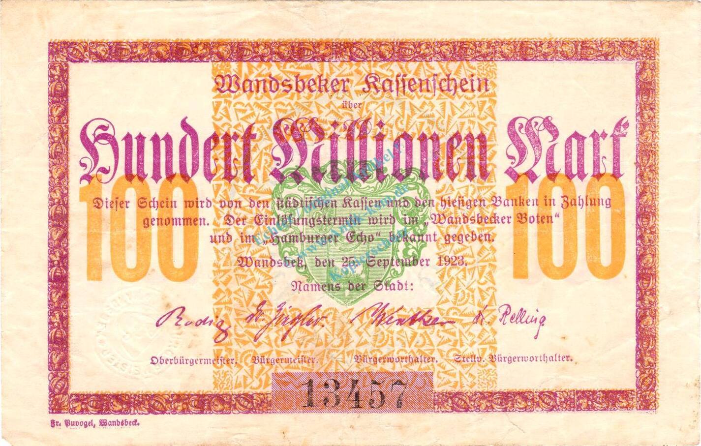 Inflation 1923 DE 100 Mio. Mk. Wandsbek, Banknote 100 Millionen Mark ...