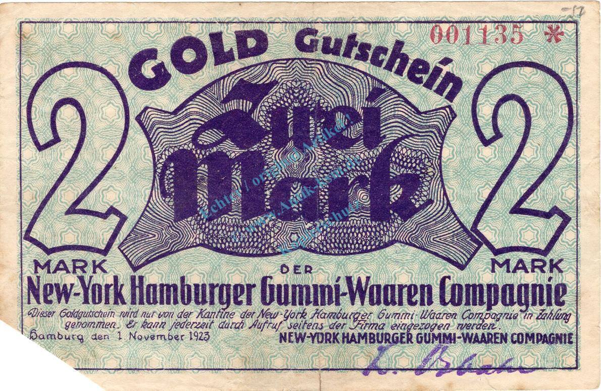 Wertbeständig 1923/24 DE 2 Gold Mk. Hamburg, Banknote 2 Gold Mark ...