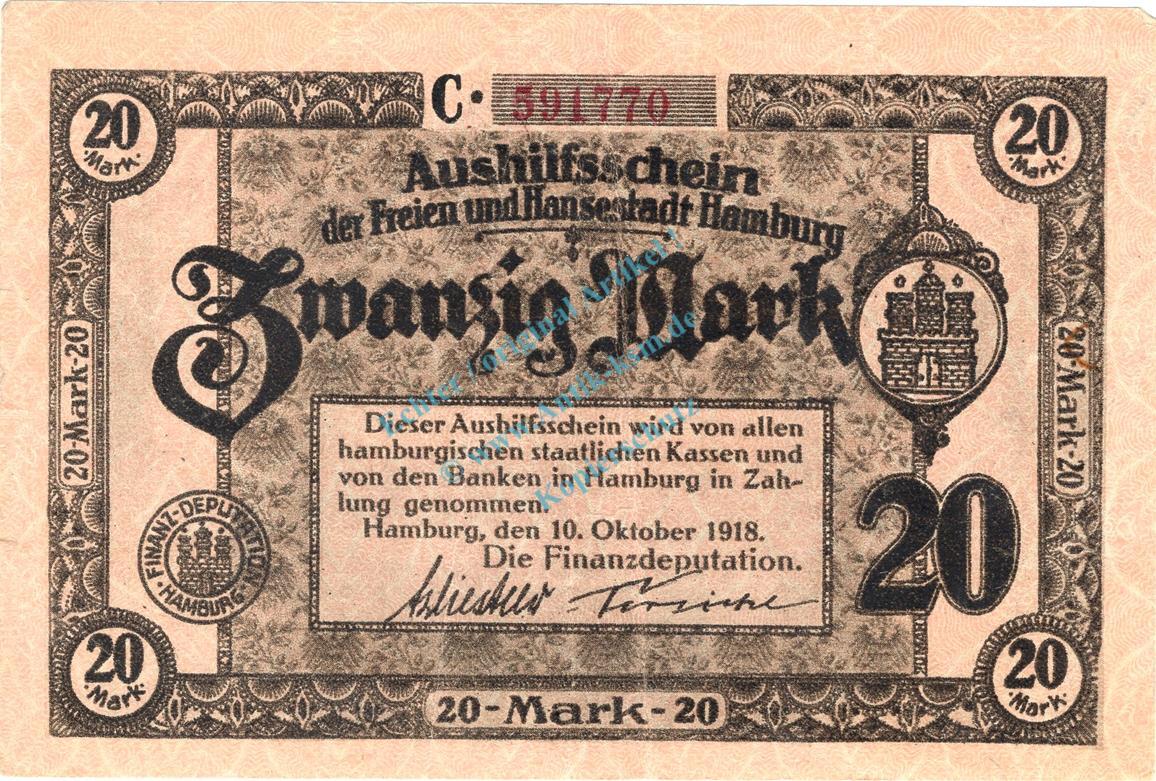 Großnotgeld 1918 DE 20 Mk. Hamburg, Banknote 20 Mark Schein in L-gbr ...