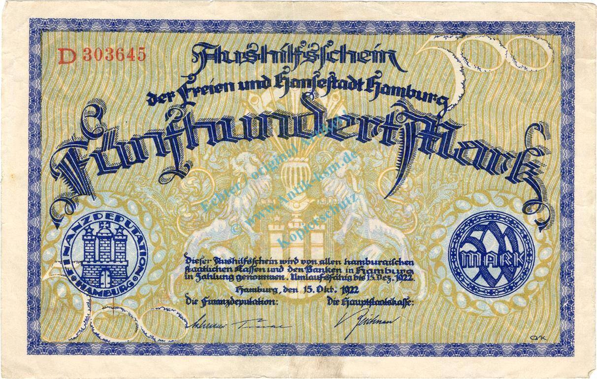Großnotgeld 1922/23 DE 500 Mk. Hamburg, Banknote 500 Mark Schein gbr ...