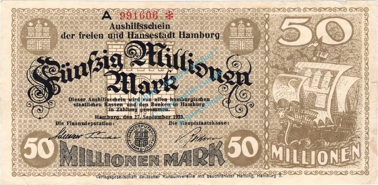 Inflation 1923 DE 50 Mio. Mk. Hamburg, Banknote 50 Millionen Mark ...