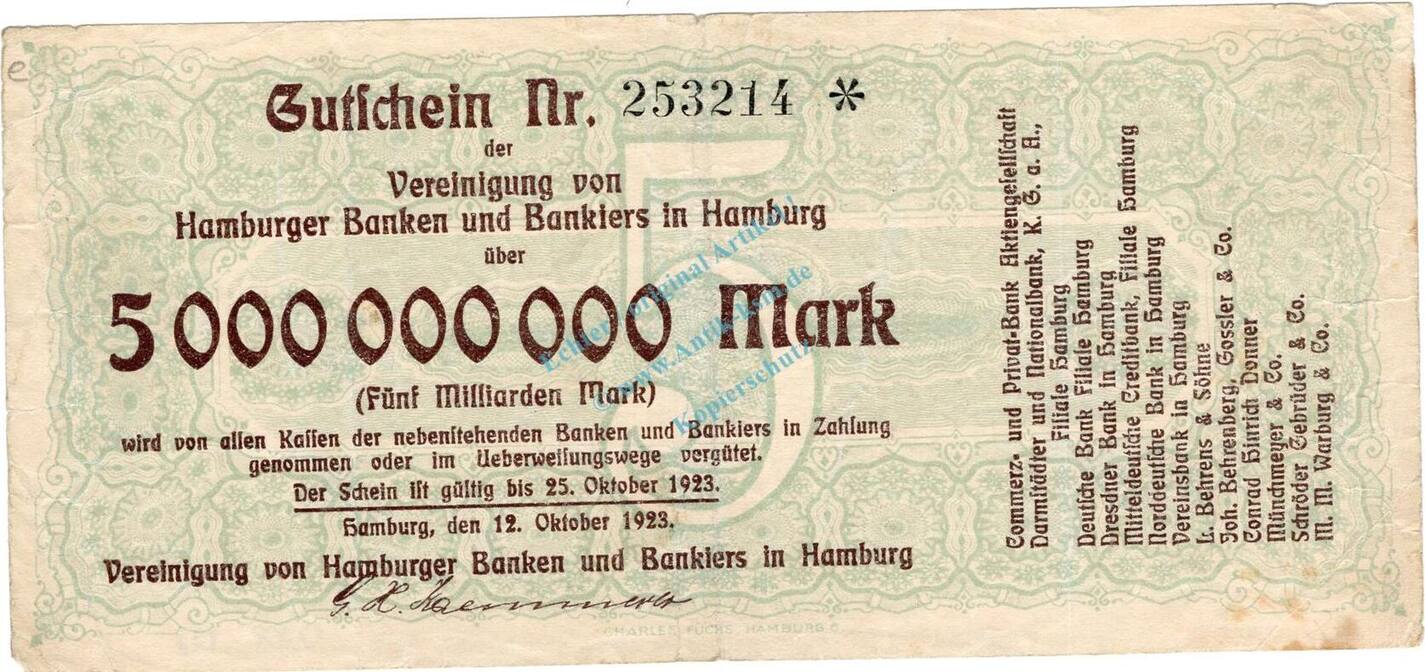 Inflation 1923 DE 5 Mia. Mk. Hamburg, Banknote 5 Milliarden Mark Schein ...
