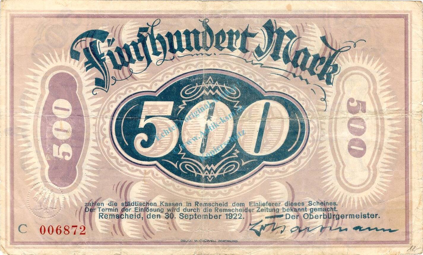 Inflation 1922/23 DE 500 Mk. Remscheid, Banknote 500 Mark Schein gbr ...