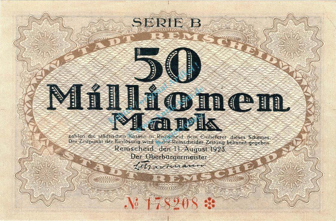 Inflation 1923 DE 50 Mio. Mk. 1923 Remscheid, Banknote 50 Millionen Mark Schein unc-kfr. Keller ...