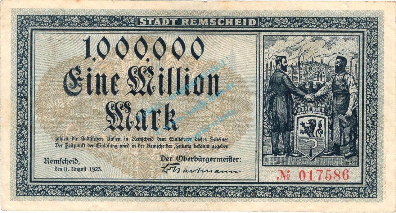 Inflation 1923 DE 1 Mio. Mk. Remscheid, Banknote 1 Million Mark Schein ...