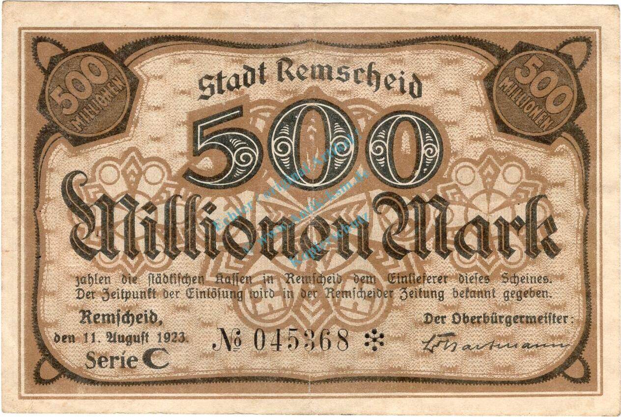 Inflation 1923 DE 500 Mio. Mk. Remscheid, Banknote 500 Millionen Mark Schein gbr. Keller 4515.e ...
