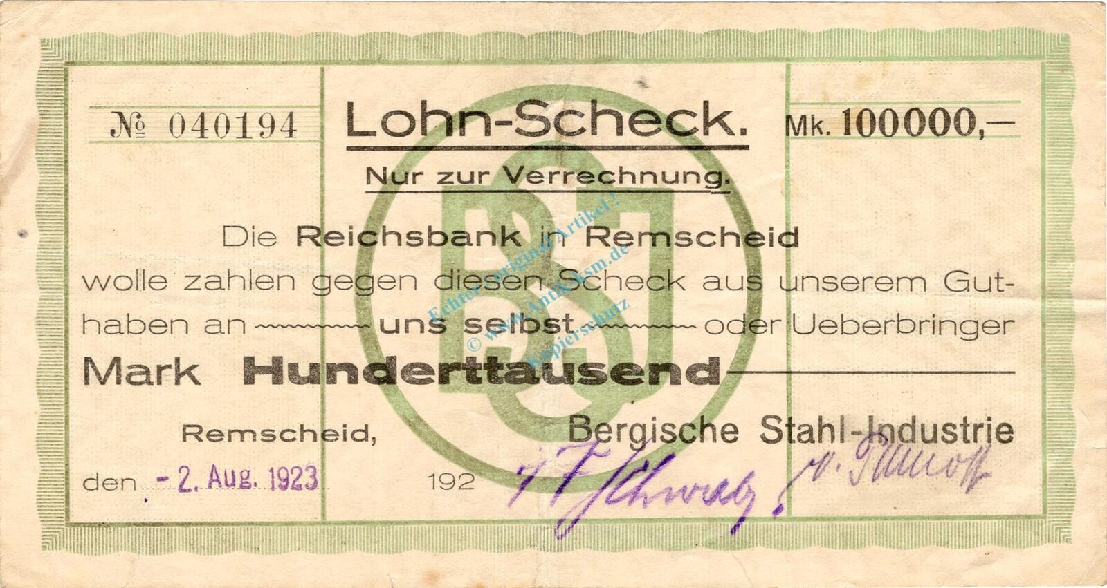 Inflation 1923 DE 100.000 Mk. Remscheid, Banknote 100.000 Mark Scheck ...