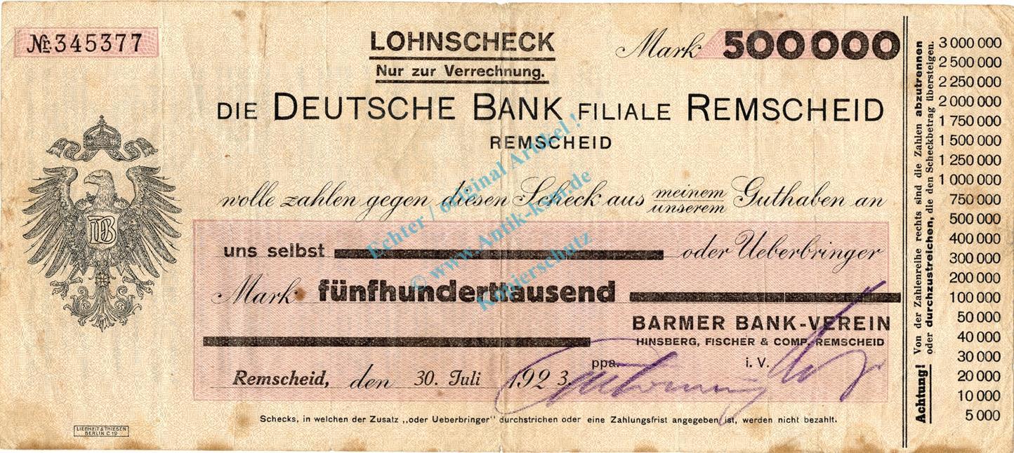 Inflation 1923 DE 500.000 Mk. Remscheid, Banknote 500.000 Mark Scheck ...