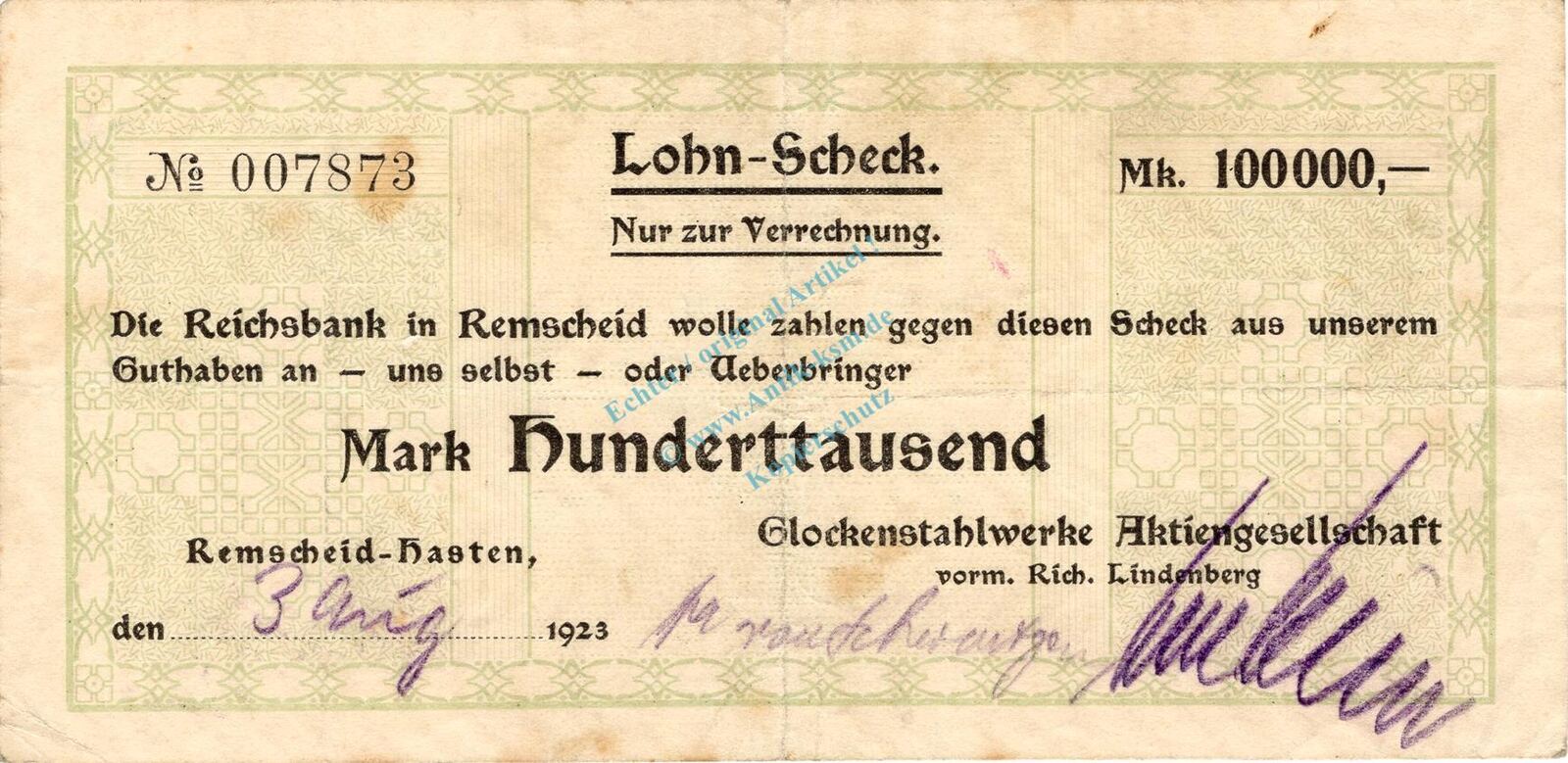 Inflation 1923 DE 100.000 Mk. Remscheid, Banknote 100.000 Mark Scheck ...