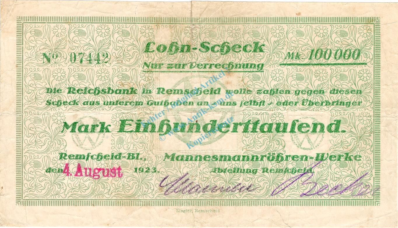 Inflation 1923 DE 100.000 Mk. Remscheid, Banknote 100.000 Mark Scheck ...