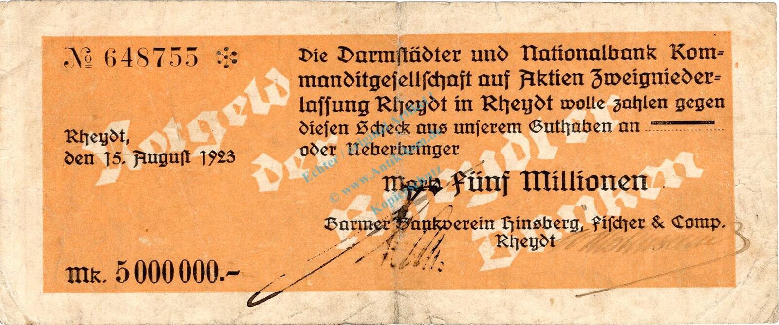 Inflation 1923 DE 5 Mio. Mk. Rheydt, Banknote 5 Millionen Mark Scheck ...