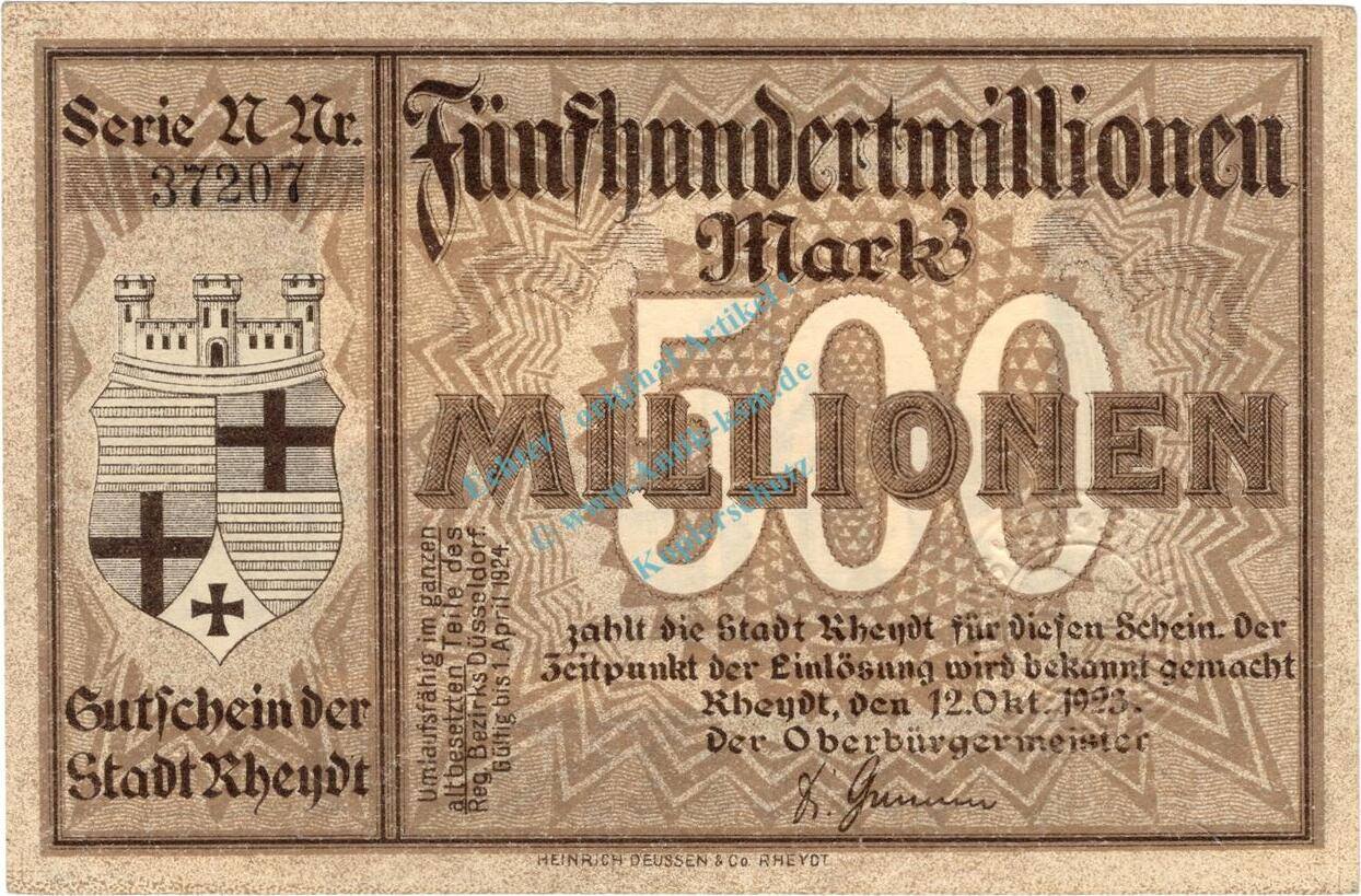 Inflation 1923 DE 500 Mio. Mk. Rheydt, Banknote 500 Millionen Mark ...