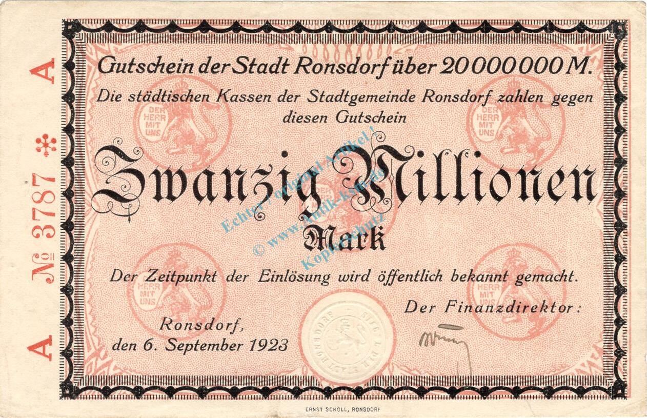 Inflation 1923 DE 20 Mio. Mk. Ronsdorf, Banknote 20 Millionen Mark ...