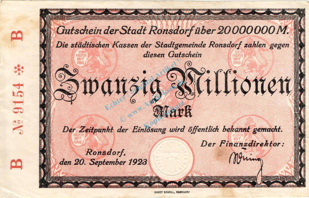Inflation 1923 DE 20 Mio. Mk. Ronsdorf, Banknote 20 Millionen Mark ...