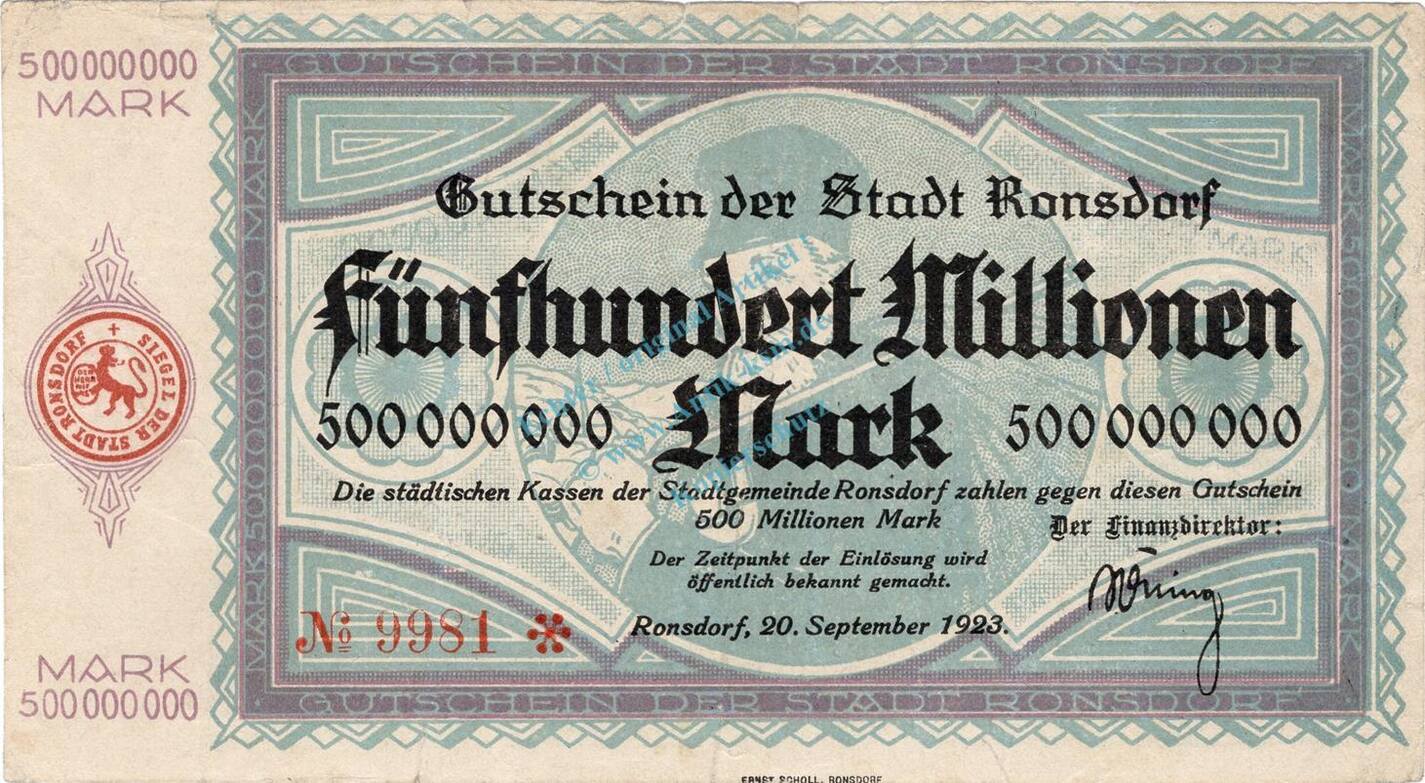 Inflation 1923 DE 500 Mio. Mk. Ronsdorf, Banknote 500 Millionen Mark ...