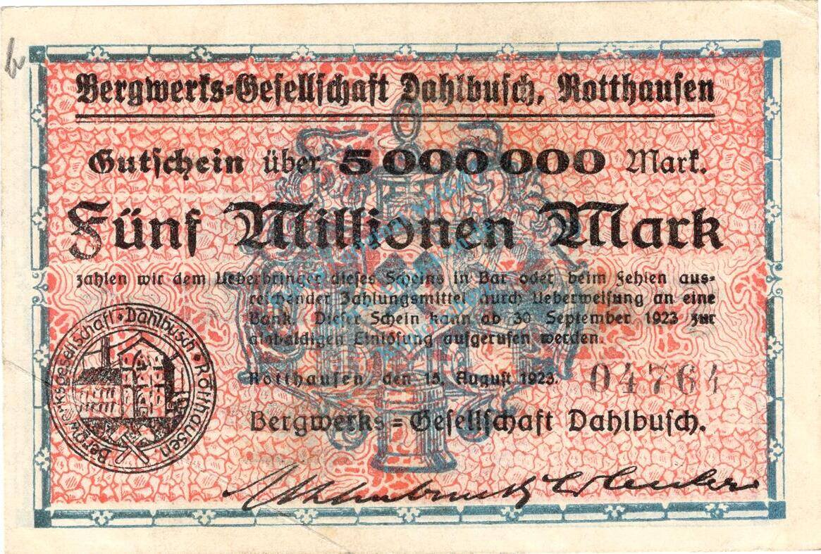 Inflation 1923 DE 5 Mio. Mk. 1923 Rotthausen, Banknote 5 Millionen Mark ...