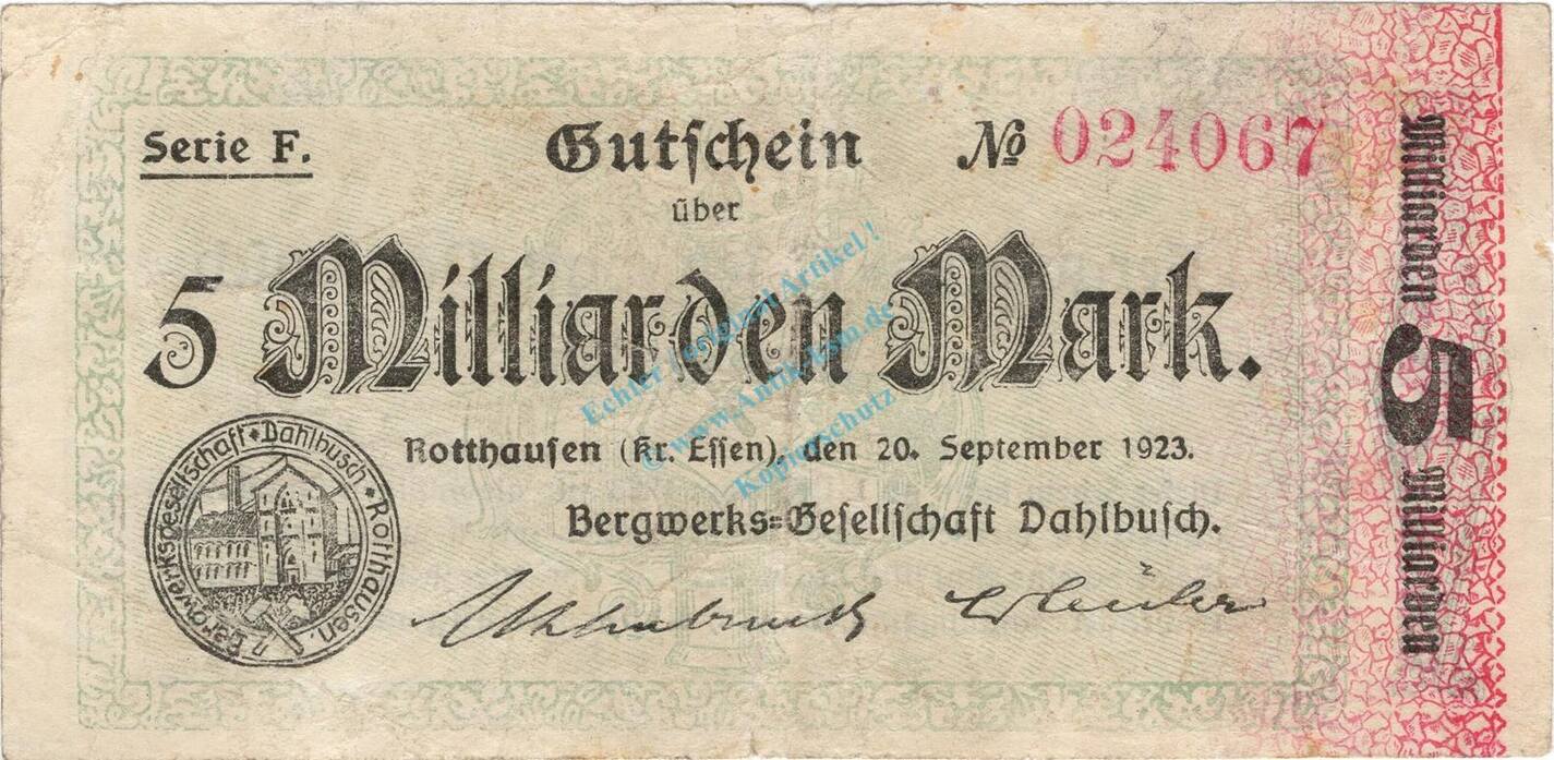 Inflation 1923 DE 5 Mia. Mk. Rotthausen, Banknote 5 Milliarden Mark ...