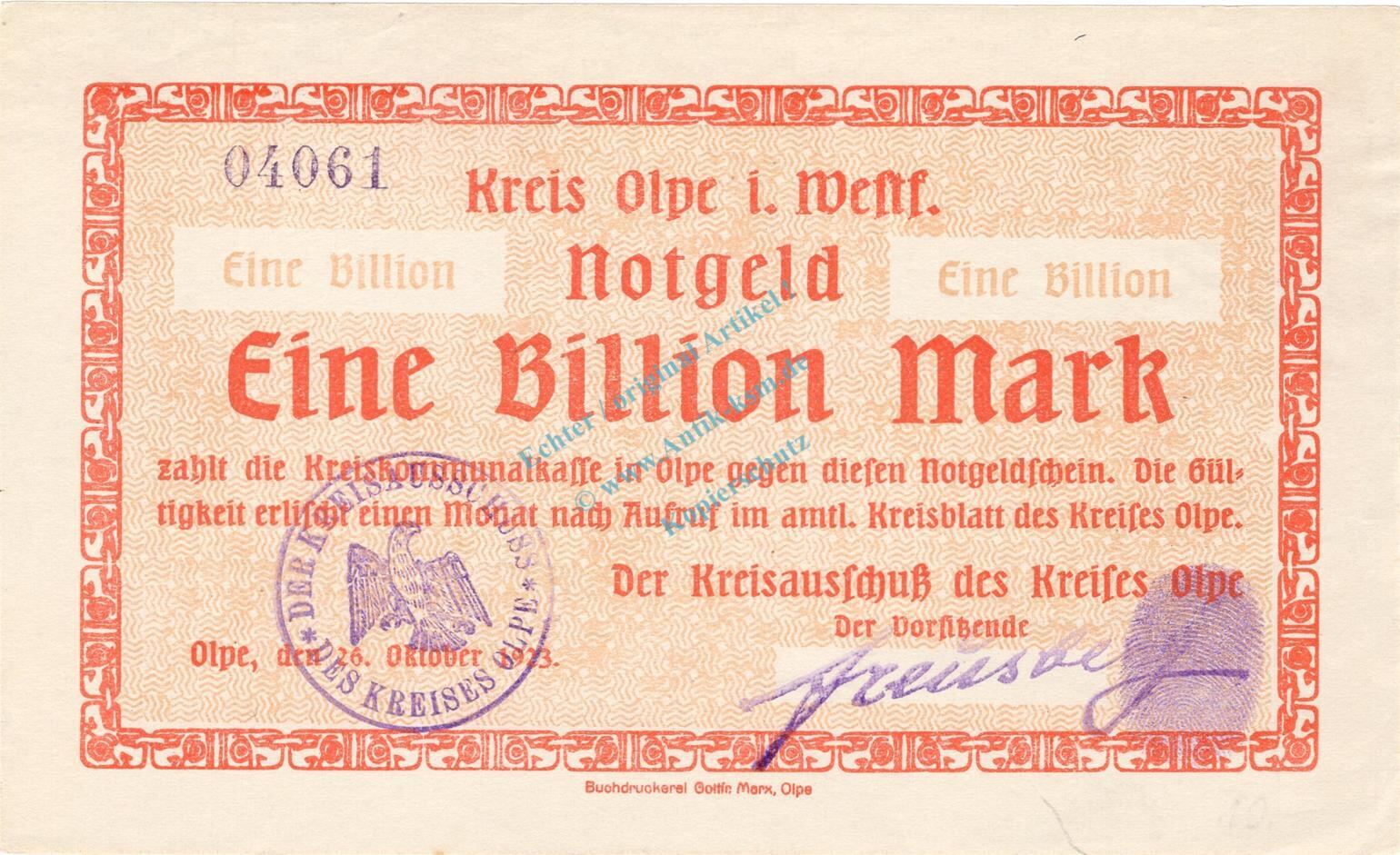 Inflation 1923 DE 1 Bio. Mk. Olpe, Banknote 1 Billion Mark Schein unc ...