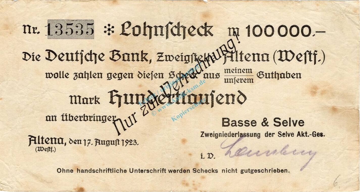 Inflation 1923 DE 100.000 Mk. Altena, Banknote 100.000 Mark Scheck gbr ...