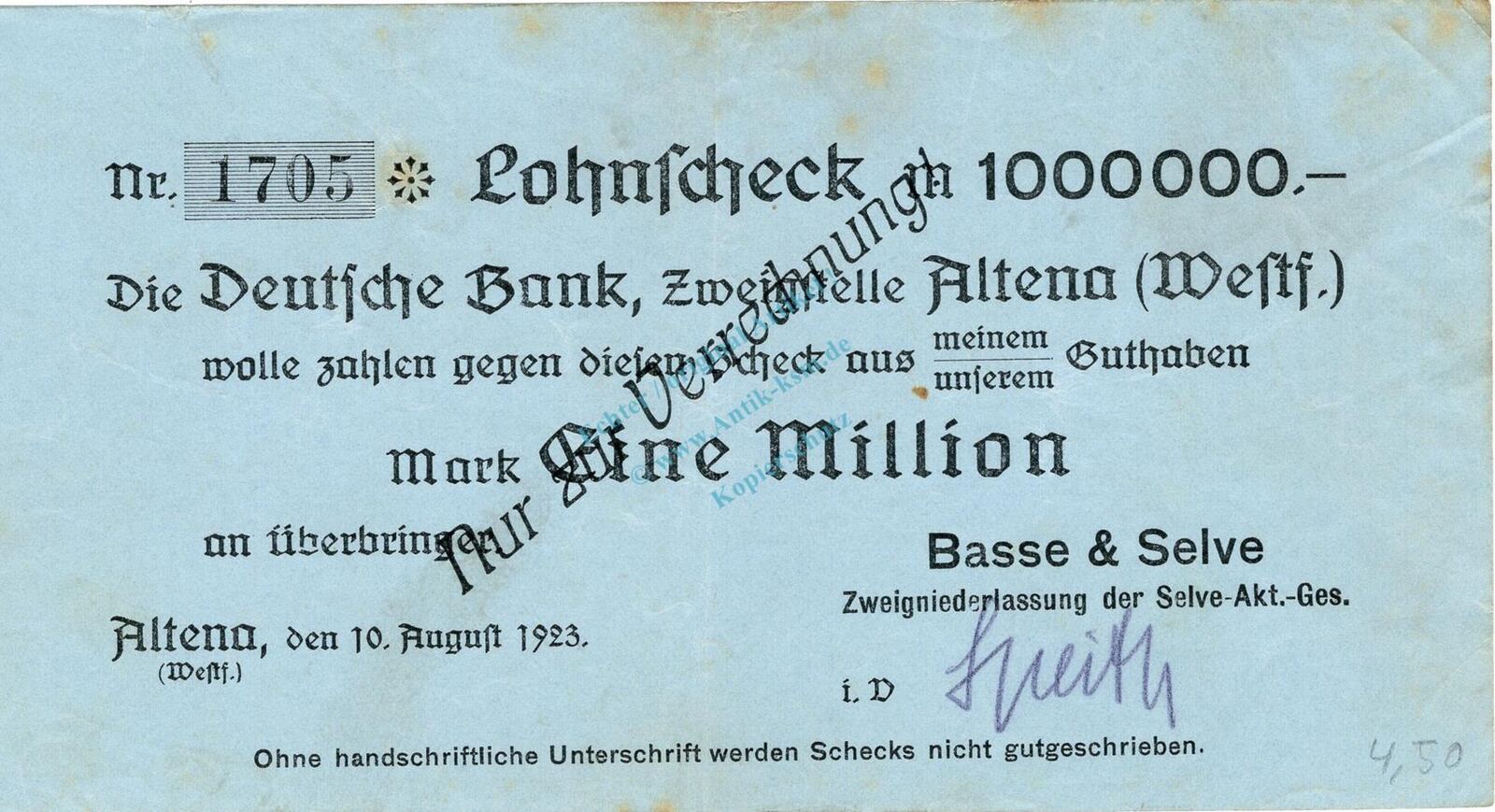 Inflation 1923 DE 1 Mio. Mk. Altena, Banknote 1 Million Mark Scheck gbr ...