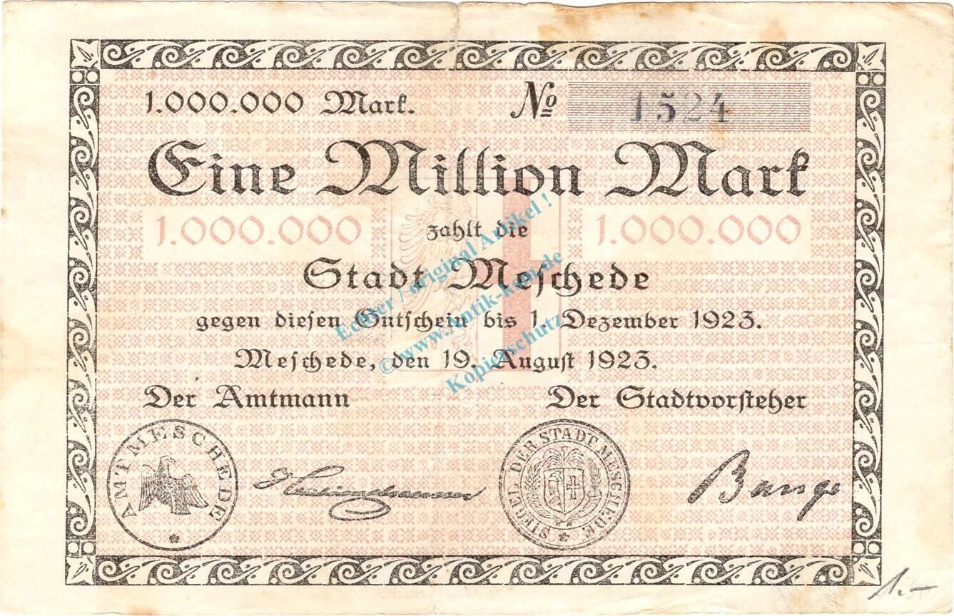 Inflation 1923 DE 1 Mio. Mk. Meschede, Banknote 1 Million Mark Schein ...