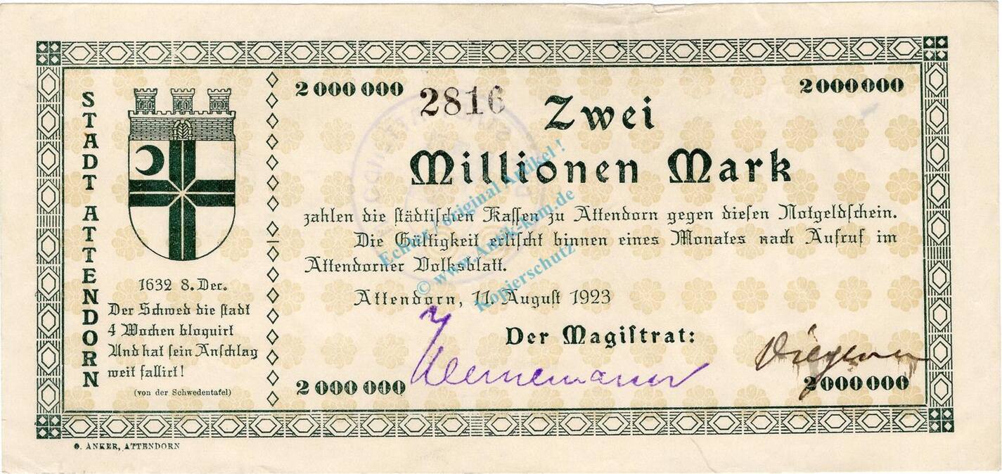 Inflation 1923 DE 2 Mio. Mk. Attendorn, Banknote 2 Millionen Mark ...