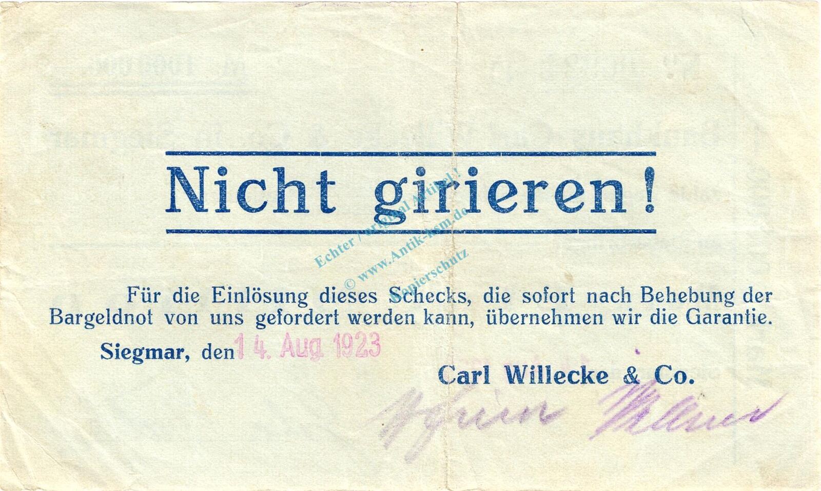 Inflation 1923 DE 1 Mio. Mk. Siegmar, Banknote 1 Million Mark Scheck ...