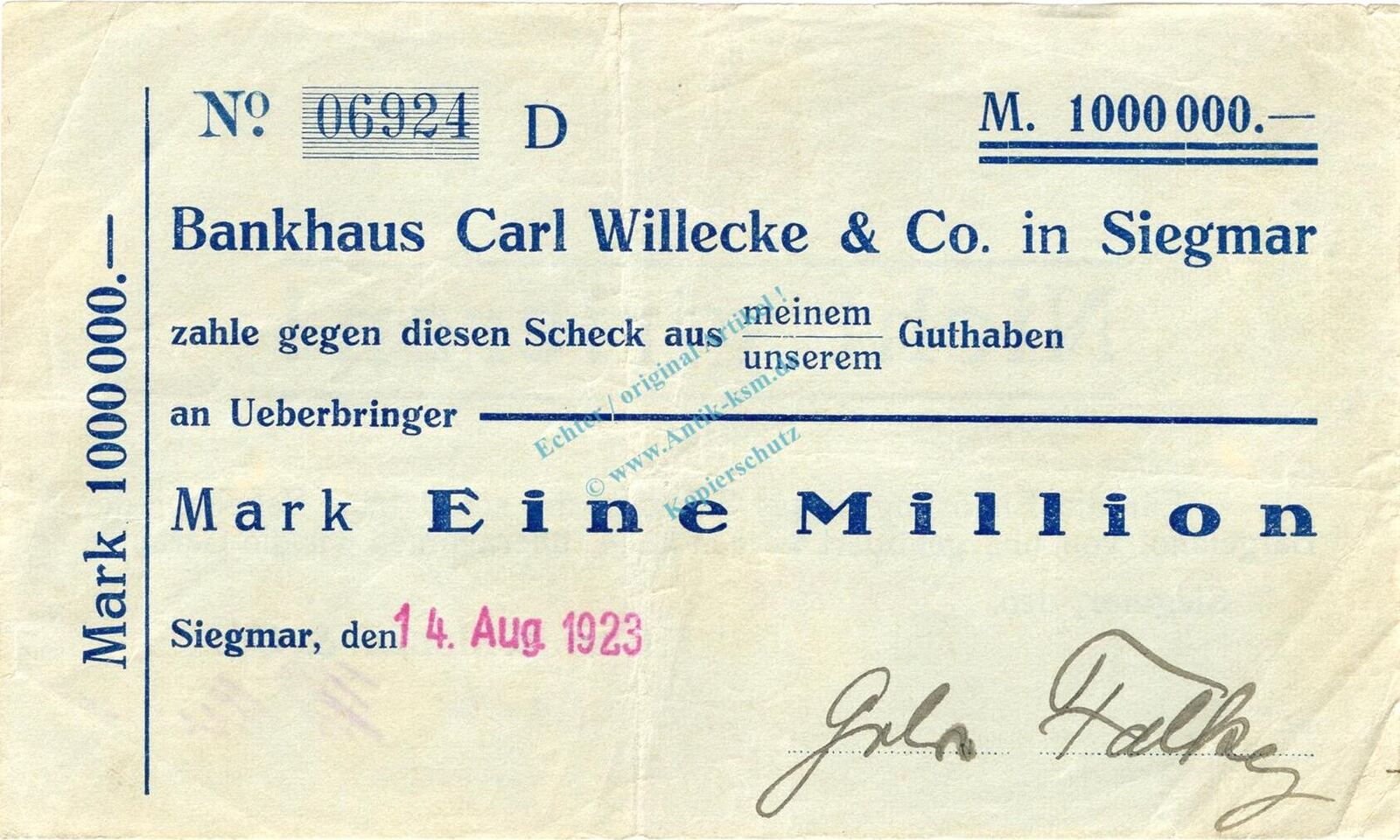 Inflation 1923 DE 1 Mio. Mk. Siegmar, Banknote 1 Million Mark Scheck ...