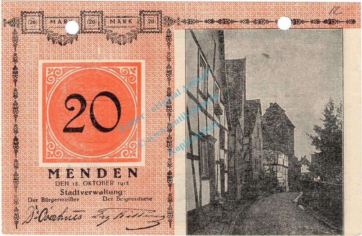 Großnotgeld 1918 DE 20 Mk. Menden, Banknote 20 Mark Schein unc-kfr.E ...