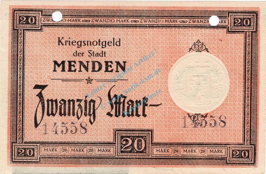 Großnotgeld 1918 DE 20 Mk. Menden, Banknote 20 Mark Schein unc-kfr.E ...