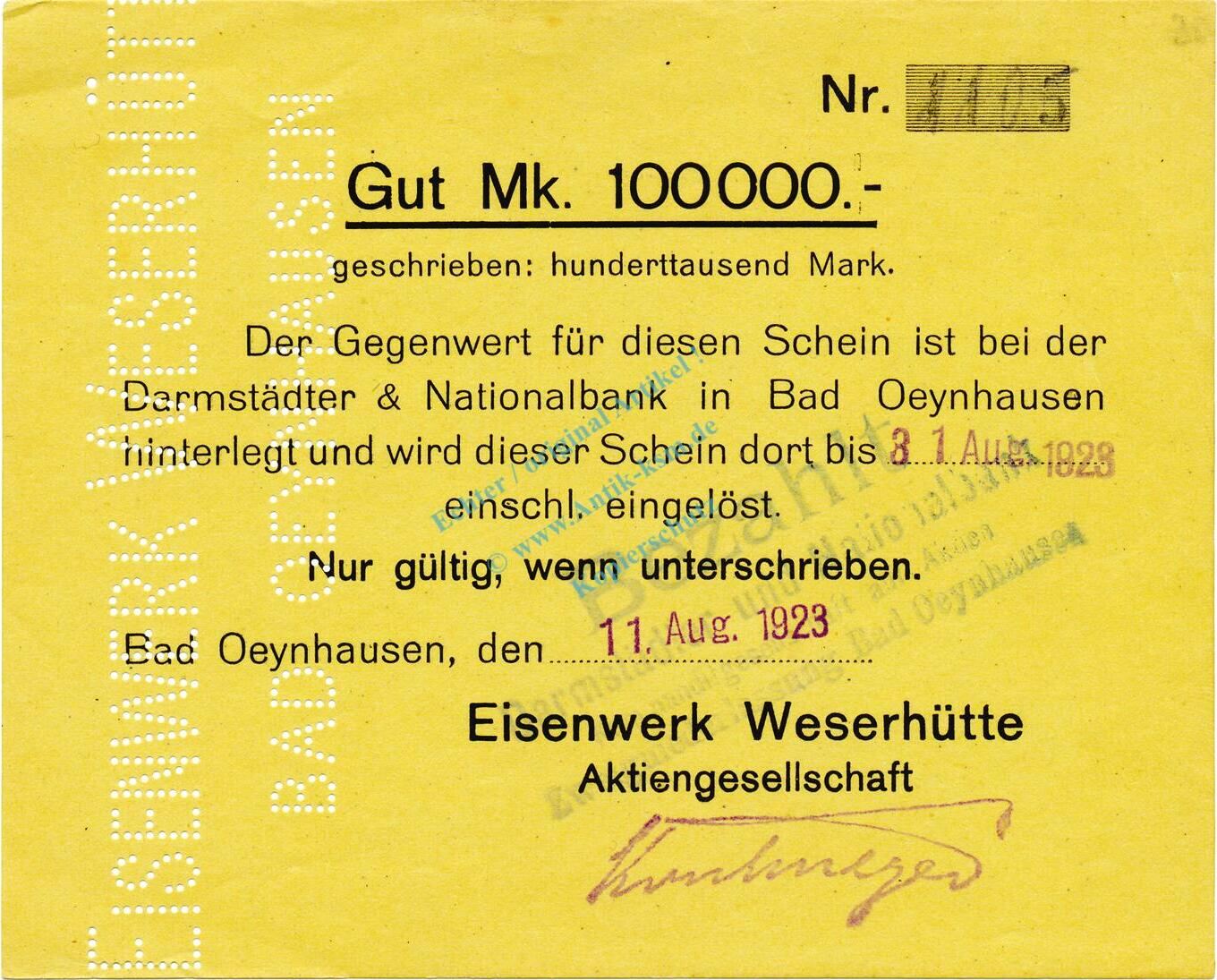 Inflation 1923 DE 100.000 Mk. 1923 Bad Oeynhausen, Banknote 100.000 ...