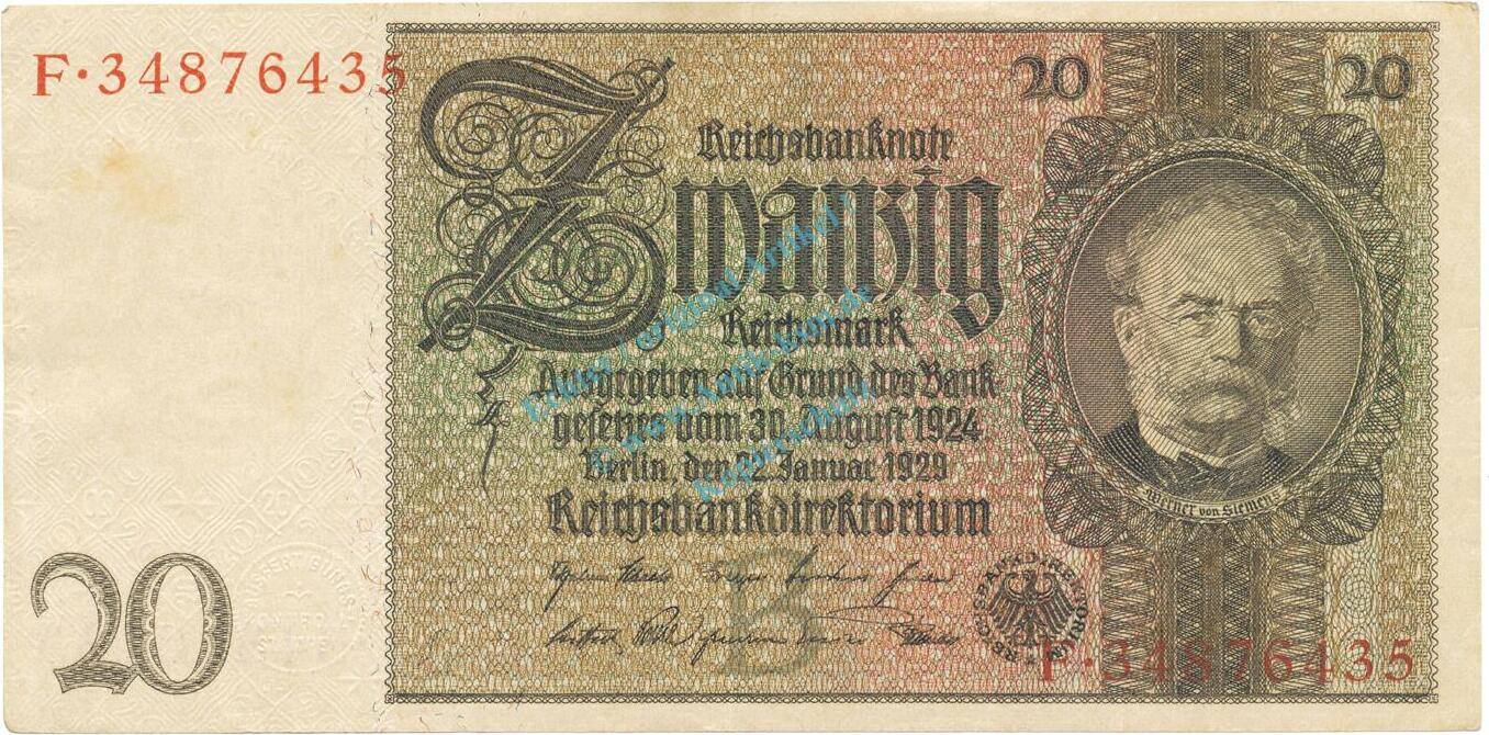 Weimarer Republik 20 Mk. -B 2- 1929 Reichsbanknote, 20 Mark Schein -B 2 ...