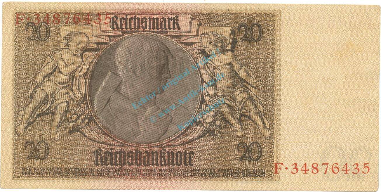 Weimarer Republik 20 Mk. -B 2- 1929 Reichsbanknote, 20 Mark Schein -B 2 ...