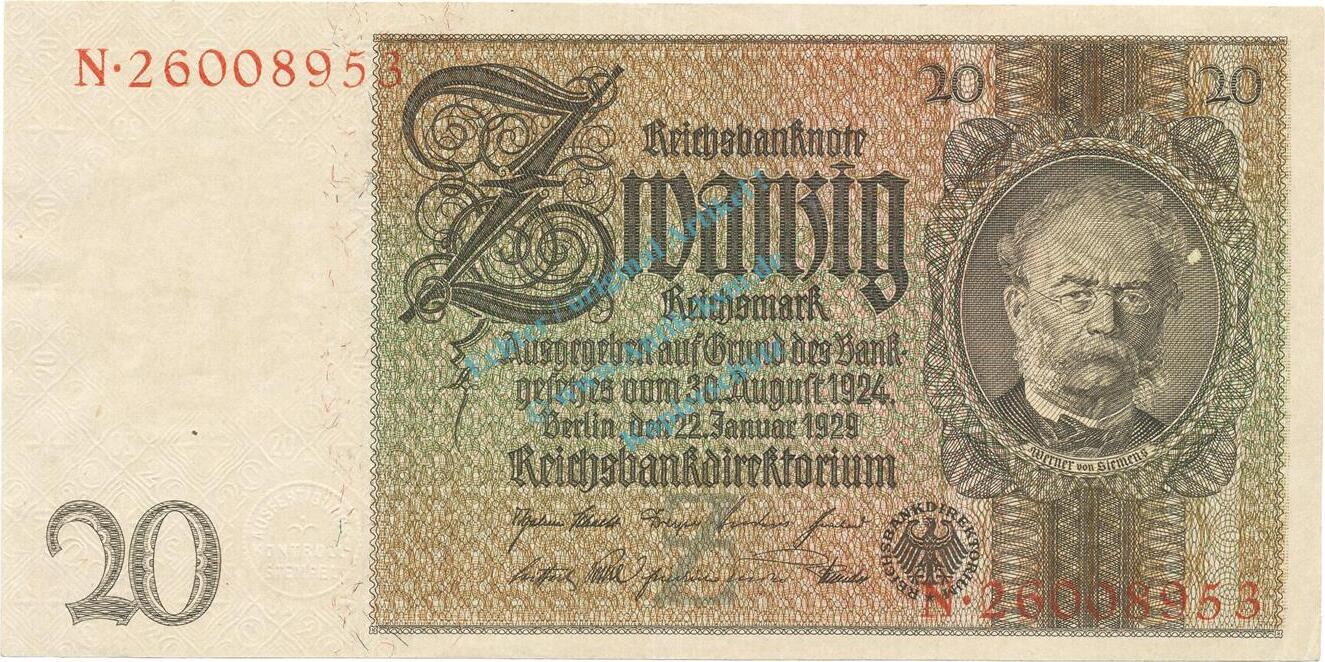 Weimarer Republik 20 Mk. -Z 2- 1929 Reichsbanknote, 20 Mark Schein -Z 2 ...