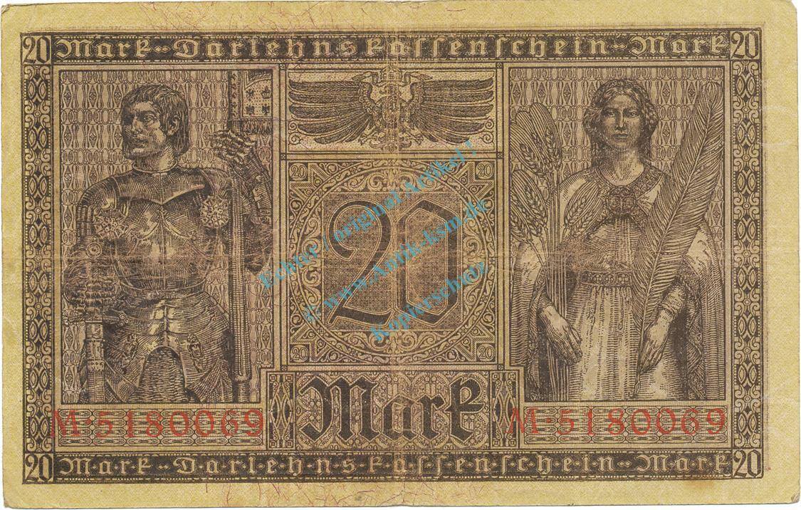 deutsches Kaiserreich 20 Mk. Reichsbanknote, 20 Mark Schein gbr. DEU-62 ...