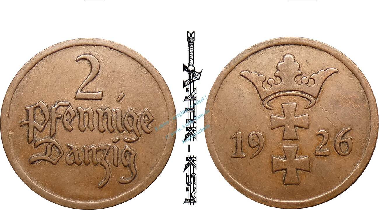 Danzig, freie Stadt 2 Pf. Danzig 2 Pfennig Kursmünze 1926 -Wappenschild ...