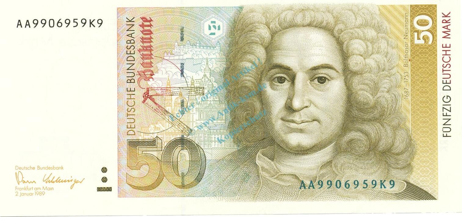 50 Mk. 50 D-Mark Schein unc-kfr 1989 BRD-37, Ros.293, P.40.a Deutsche ...
