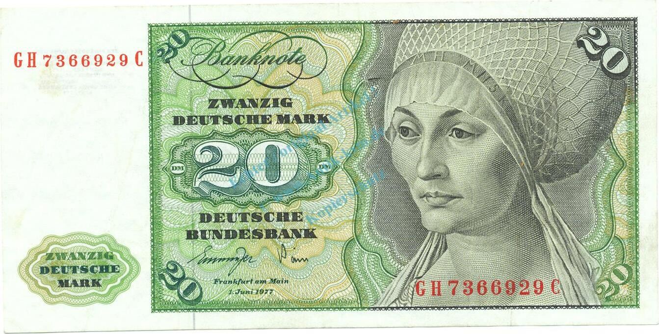 20 Mk. 20 D-Mark Schein unc-kfr 1977 BRD-20, Ros.276, P.32.b Deutsche ...