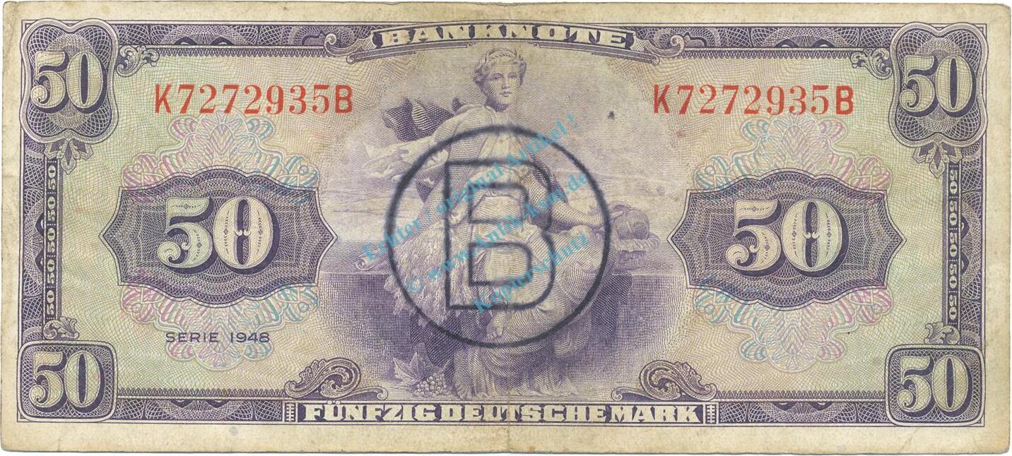 Bank deutscher Länder 50 Mk. 50 Mark Schein -B Stpl- gbr 1948 WBZ-19 ...