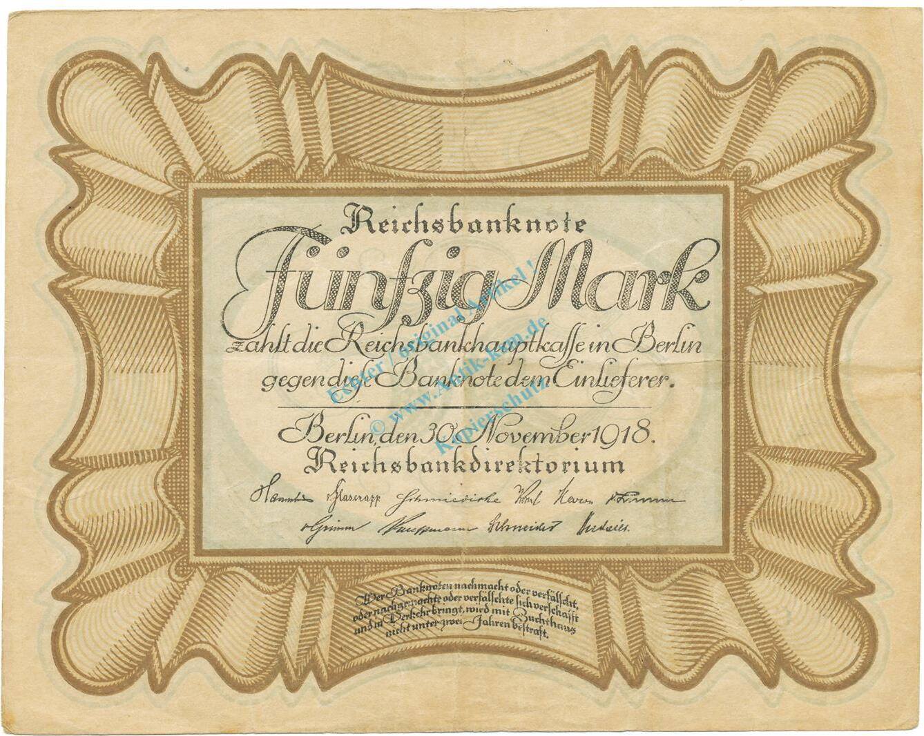 50 Mk. 50 Mark Schein gbr 1918 DEU-70.a, Ros.57, P.65, Weimarer ...