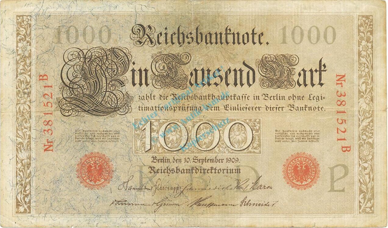 1.000 Mk. 1000 Mark Schein 1909 gbr. DEU.36, Ros.39, P.39 deutsches ...