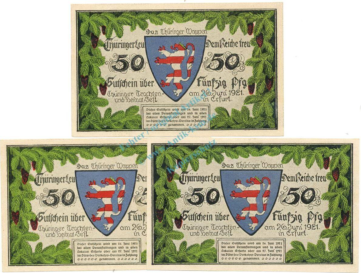 Serienscheine DE 3 Scheine kpl. Erfurt, Notgeld Set 3 Scheine -o.Drfa ...