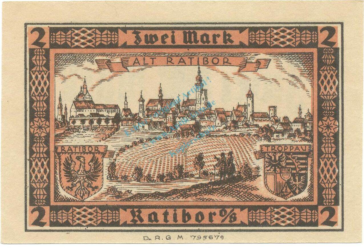 Serienscheine DE 2 Mk. -blanco- o.D. 1922 Ratibor, Notgeld 2 Mark ...