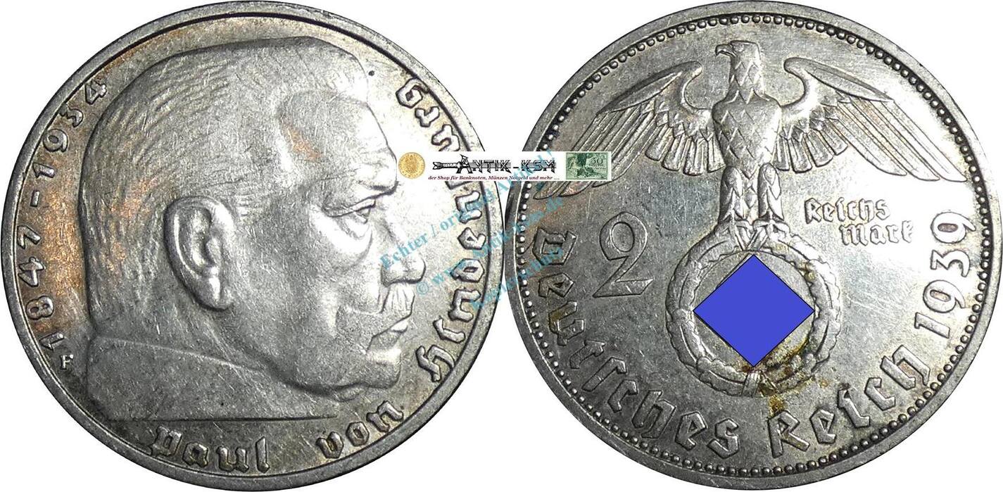 2 Mk. 2 Mark Kursmünze -Hindenburg- 1939 F -deutsches Reich- ss-vz J ...