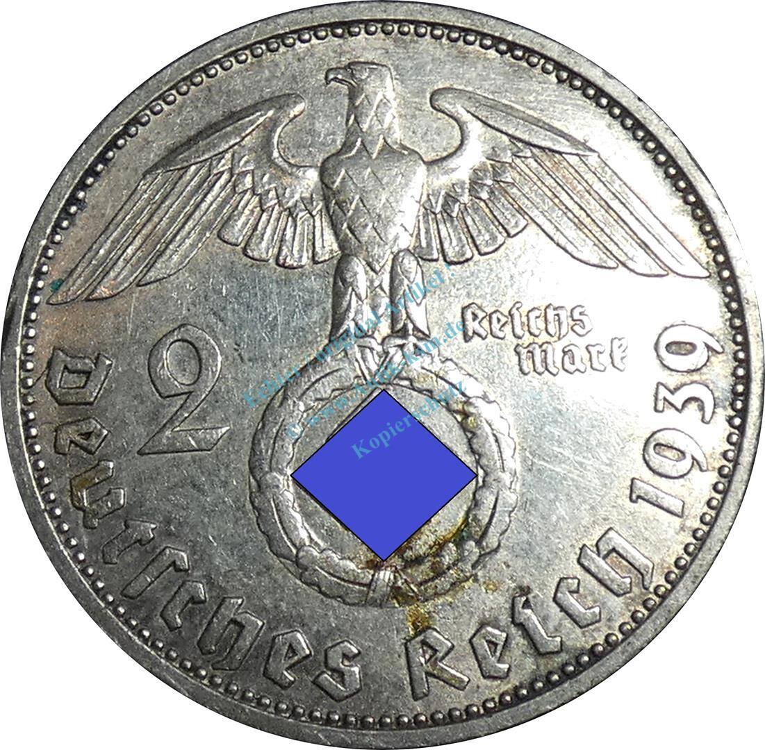 2 Mk. 2 Mark Kursmünze -Hindenburg- 1939 F -deutsches Reich- ss-vz J ...