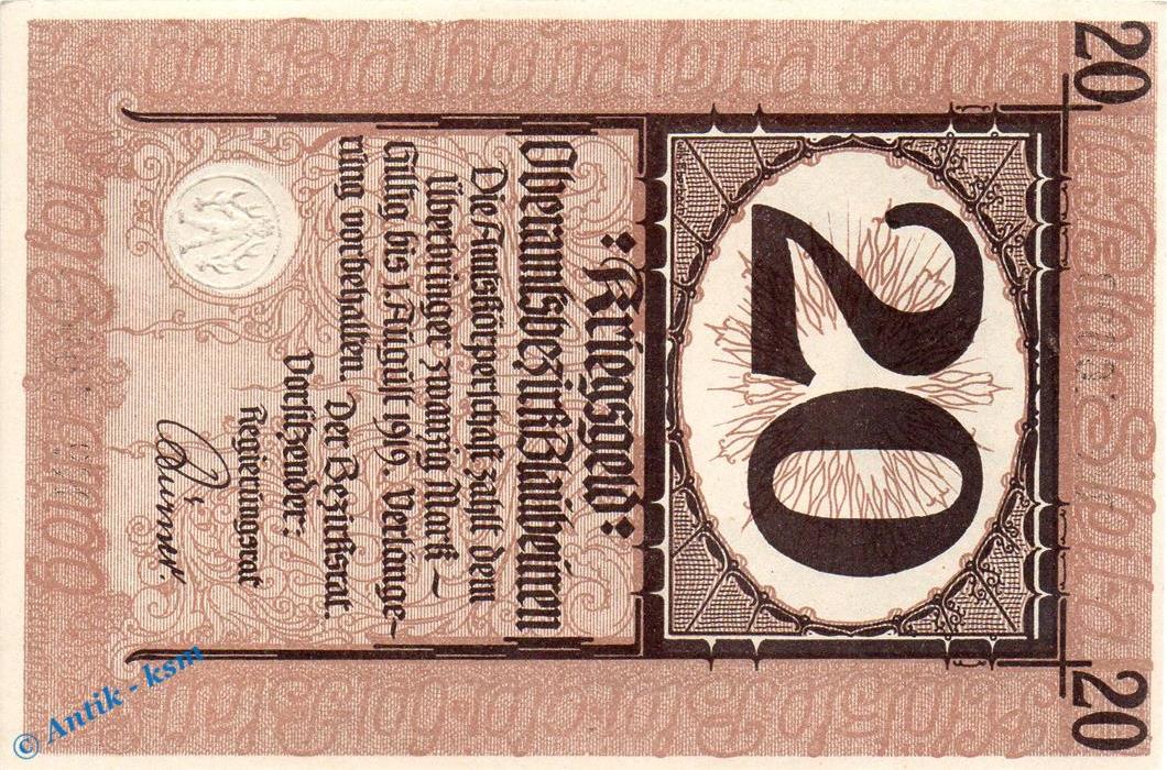 DE 20 Mk. 1918 Banknote Amtskörperschaft Blaubeuren, 20 Mark Schein in ...