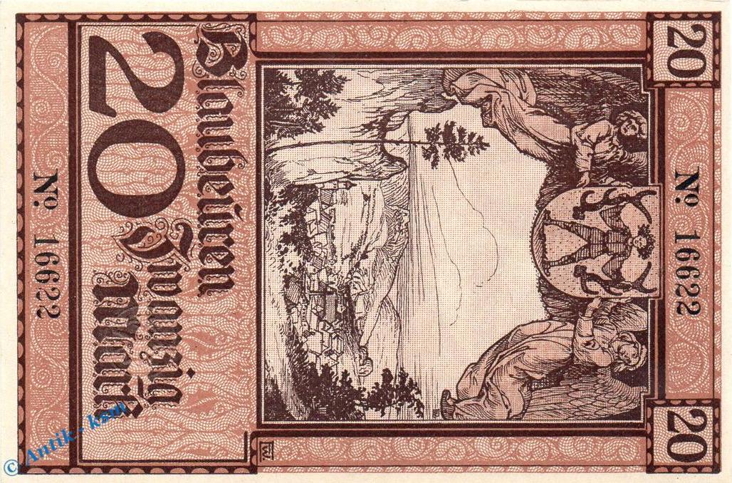 DE 20 Mk. 1918 Banknote Amtskörperschaft Blaubeuren, 20 Mark Schein in ...